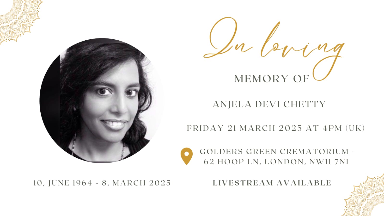 Funeral Service Live Late Anjela Devi Chetty - Cremation