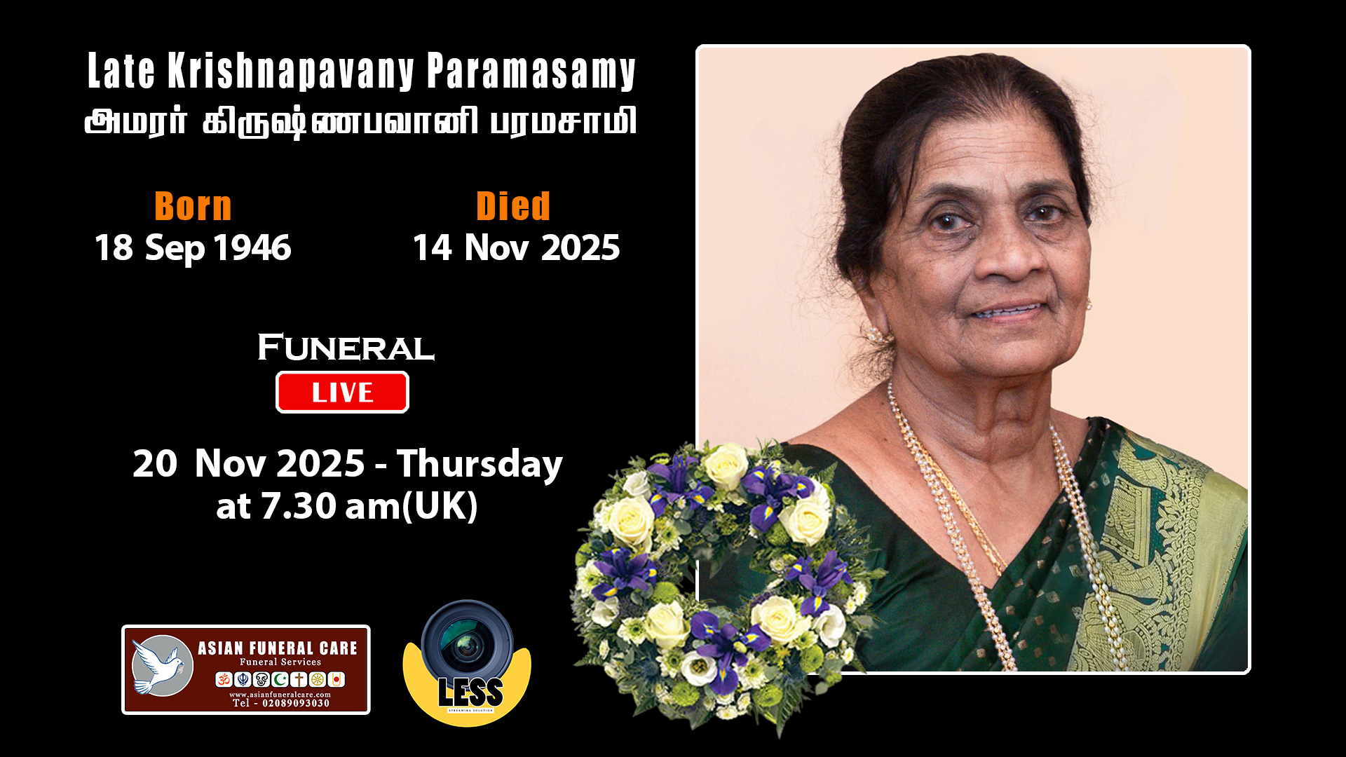 Funeral ceremony Live of Late Krishnapavany Paramasamy